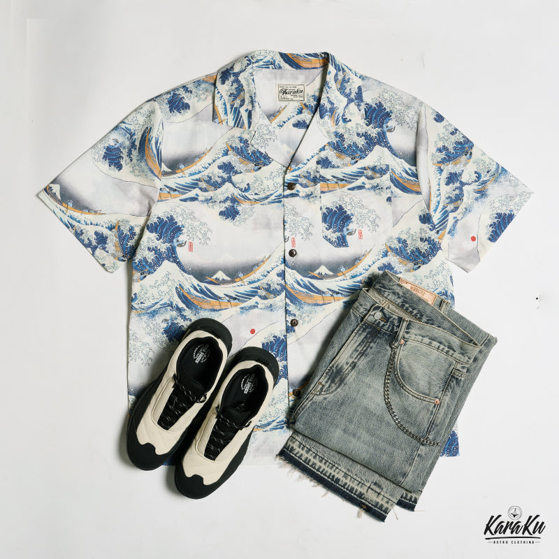 「카나가와 오키나와에서 물결을 타는 고양이와 개」우키요에(浮世絵) 알로하 셔츠 – Karaku KR