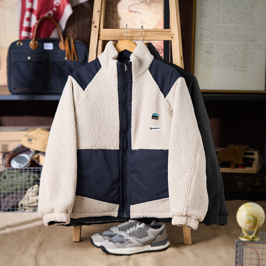 리버서블 사양 무지 & 보아 배색 이종 소재 콤비 스탠드 칼라 자켓 – Karaku KR