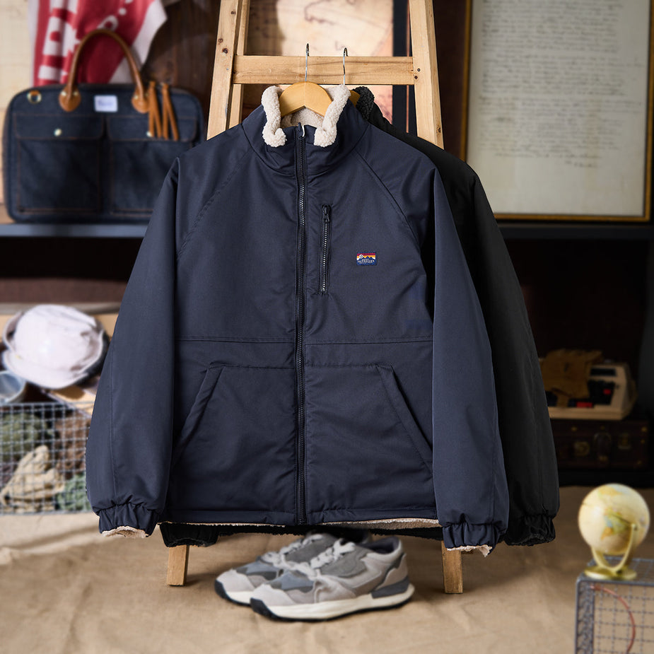 리버서블 사양 무지 & 보아 배색 이종 소재 콤비 스탠드 칼라 자켓 – Karaku KR