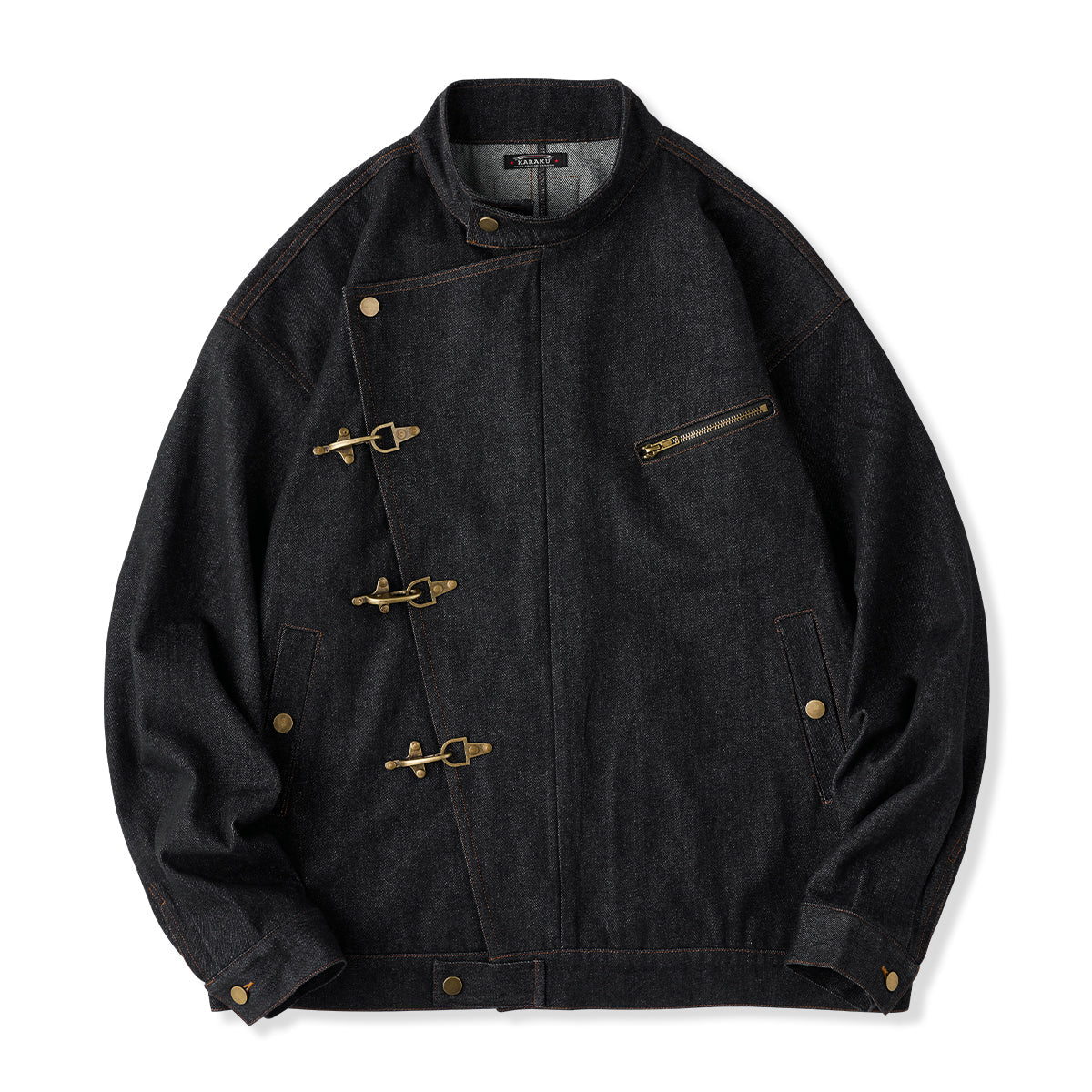 【사전예약】후크 버튼 여밈 사선 플래킷 스탠드 칼라 데님 자켓 – Karaku KR