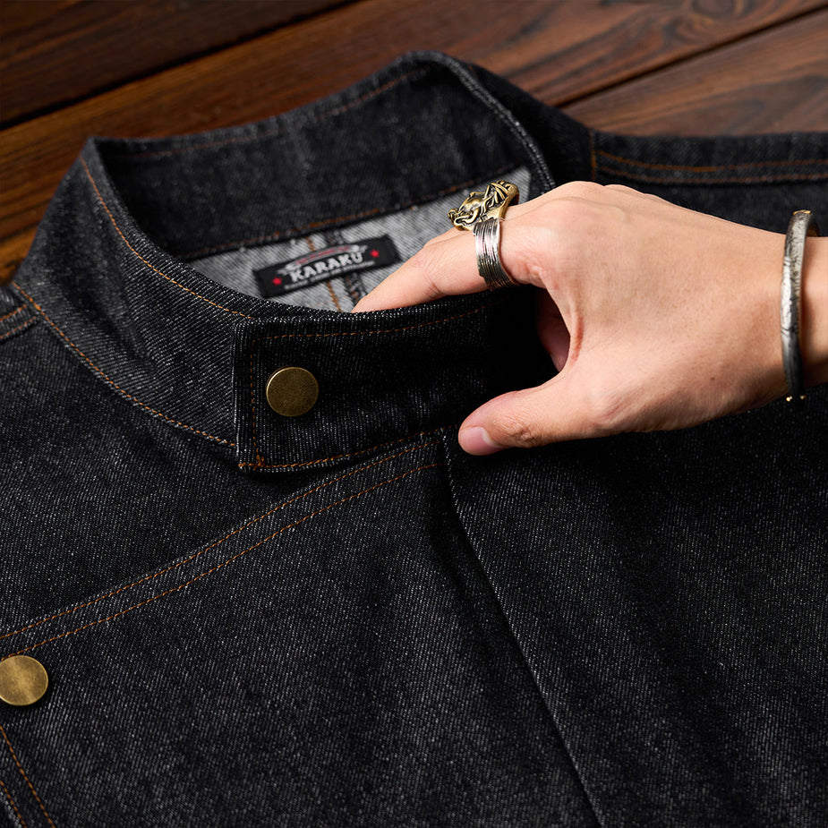 【사전예약】후크 버튼 여밈 사선 플래킷 스탠드 칼라 데님 자켓 – Karaku KR