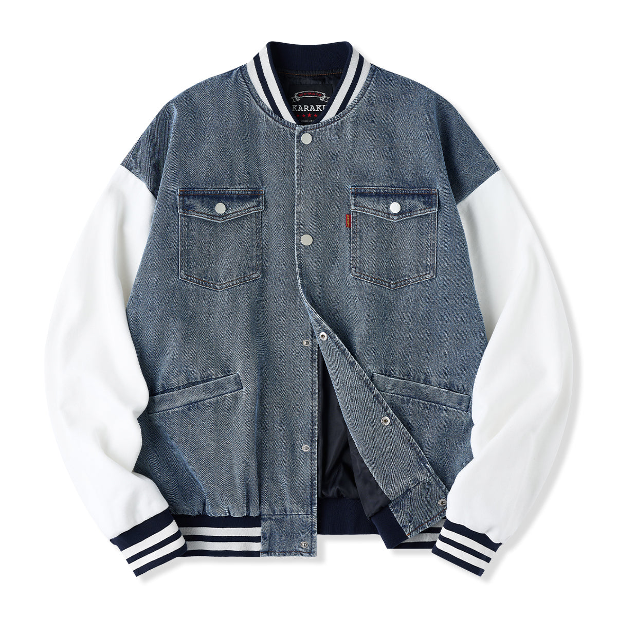【사전예약】소매 소재 전환 멀티 포켓 데님 스타디움 자켓 – Karaku KR