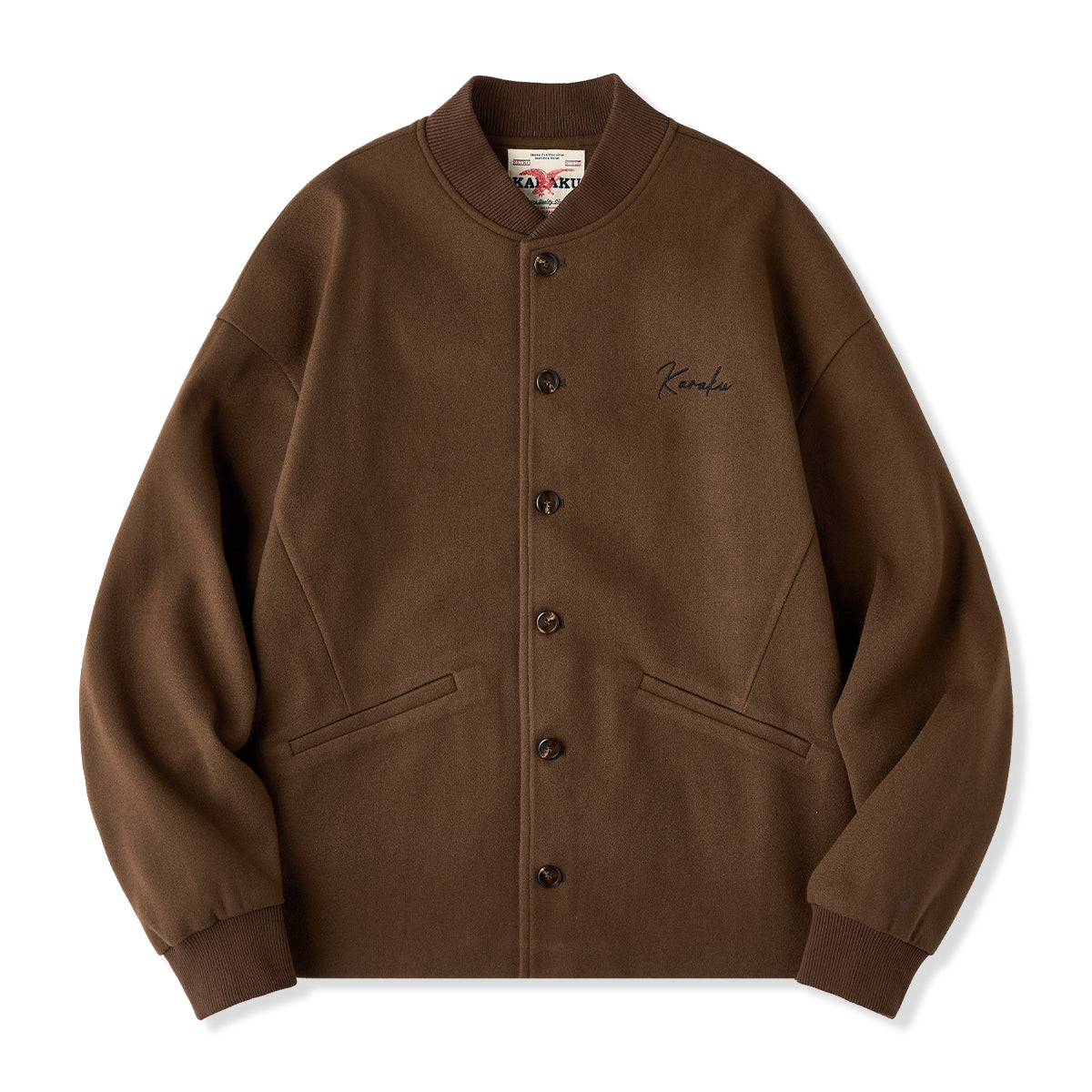 「KaraKu」로고자수 베이스볼 칼라 멜튼 자켓 – Karaku KR