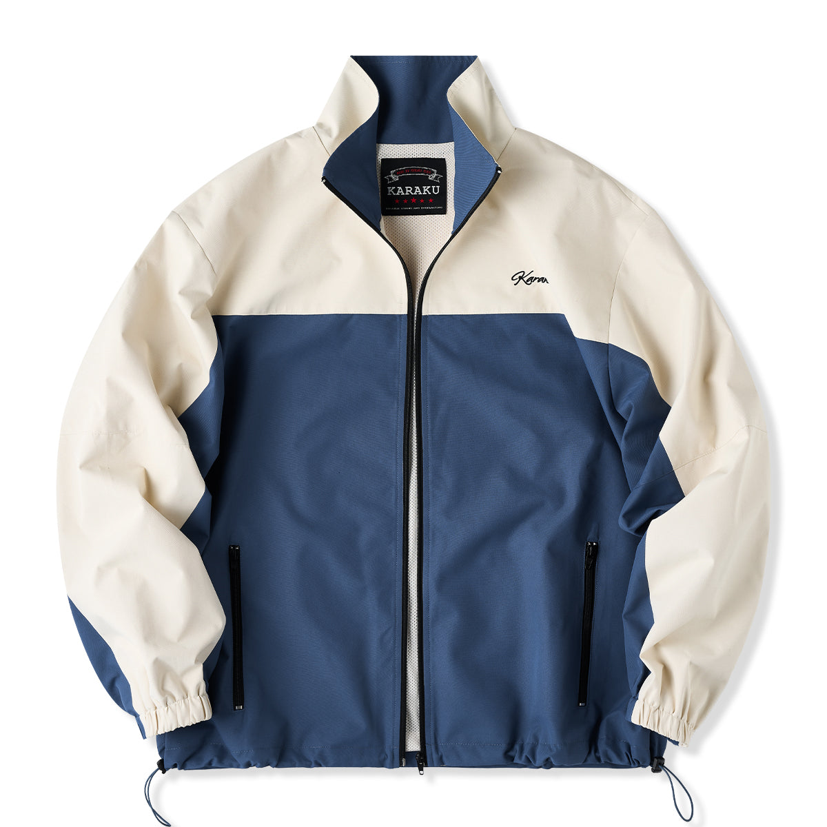 【사전예약】「KaraKu」자수 로고 안감 메쉬 배색 스탠드 칼라 자켓 – Karaku KR