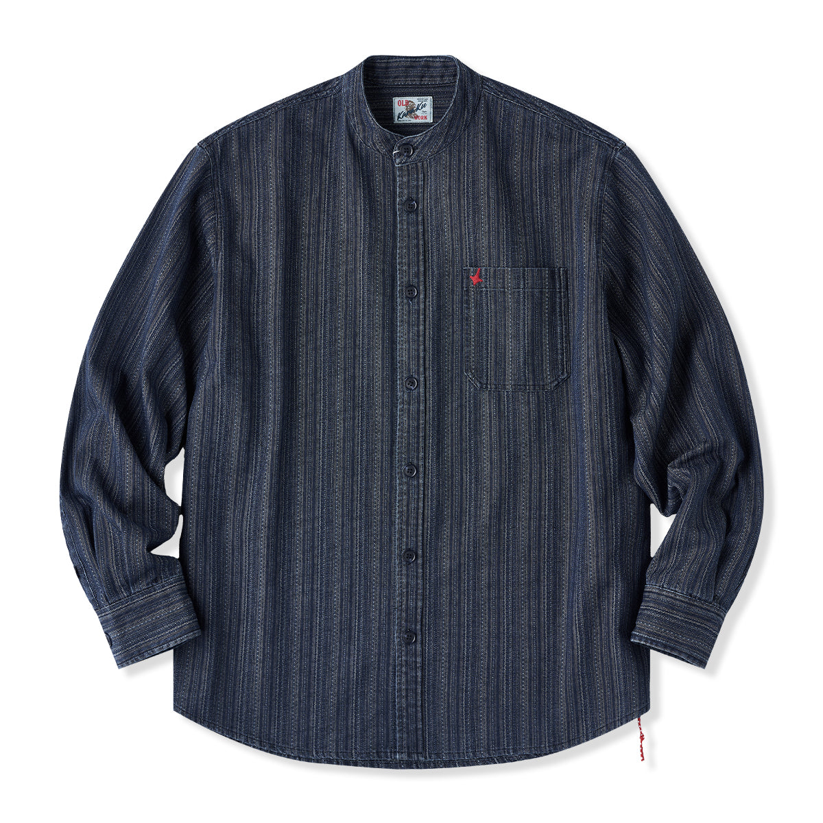 【사전예약】빨간 매듭 끈 자카드 스트라이프 면·리넨 데님 셔츠 – Karaku KR