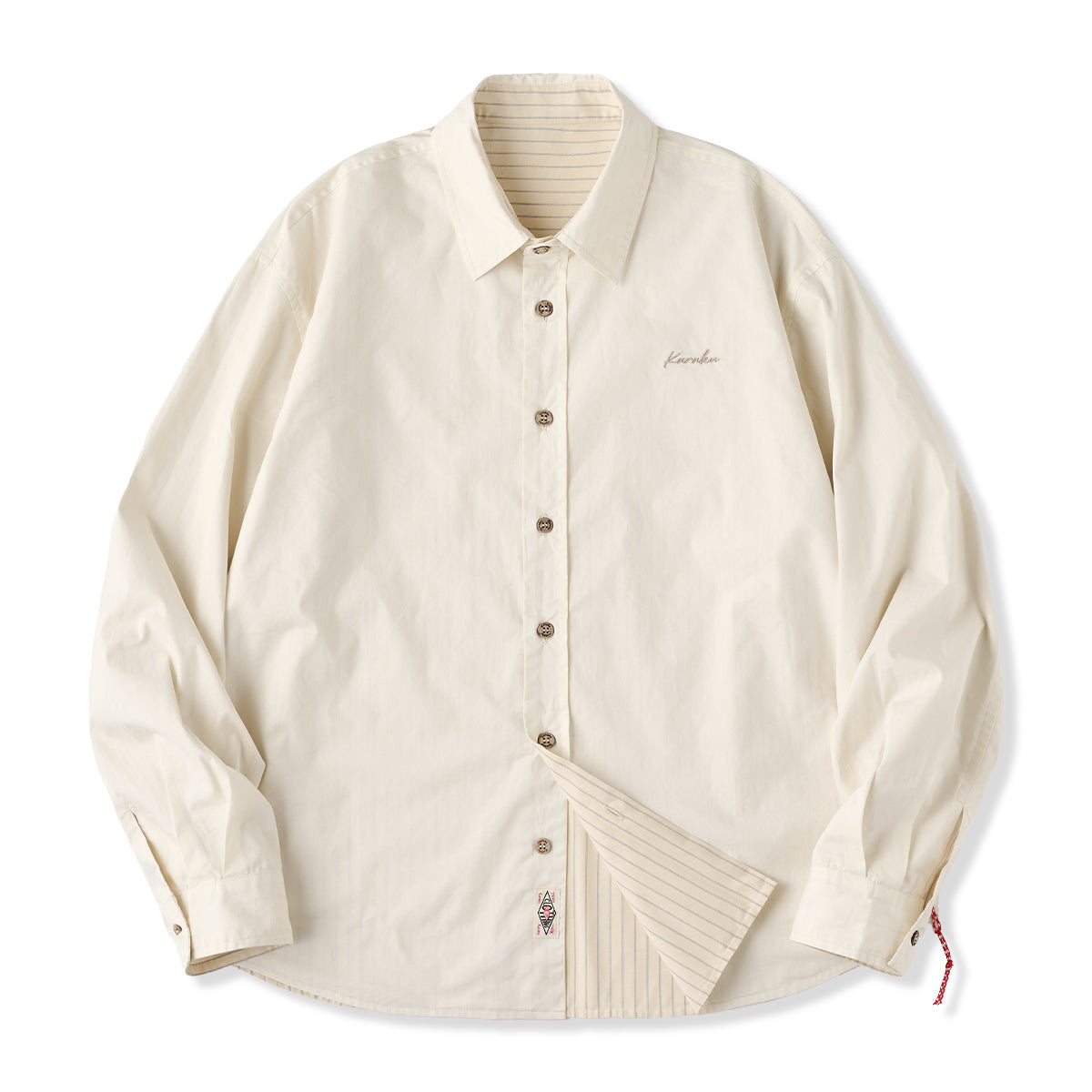 【사전예약】빨간 매듭 끈 무지×스트라이프 리버서블 롱슬리브 셔츠 – Karaku KR