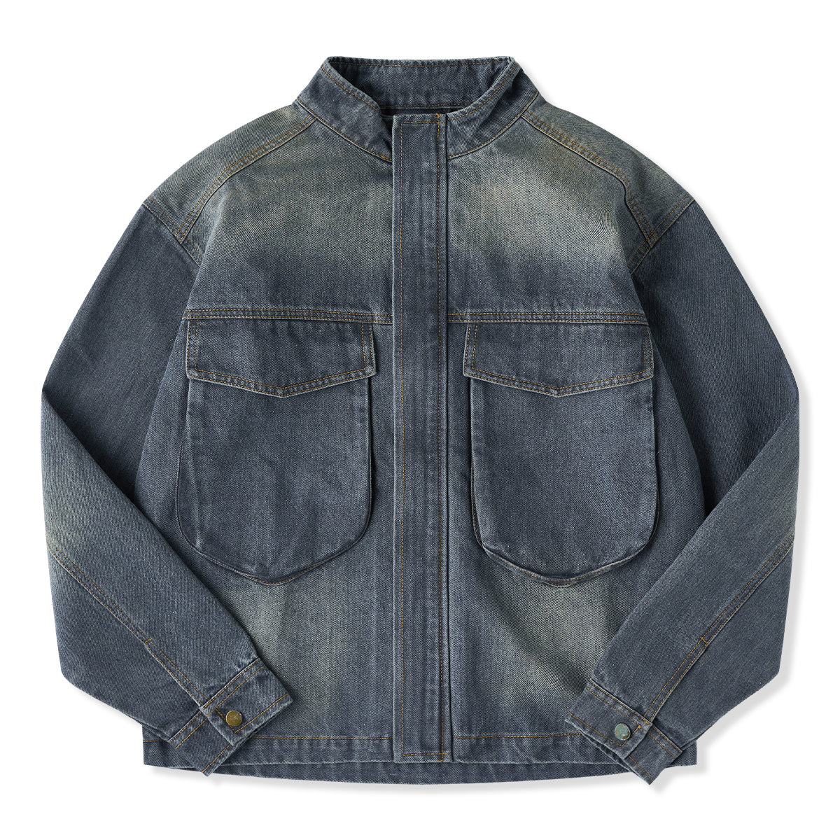 대용량 포켓 스댄드 칼라 워시드 가공 데님 워크 자켓 – Karaku KR