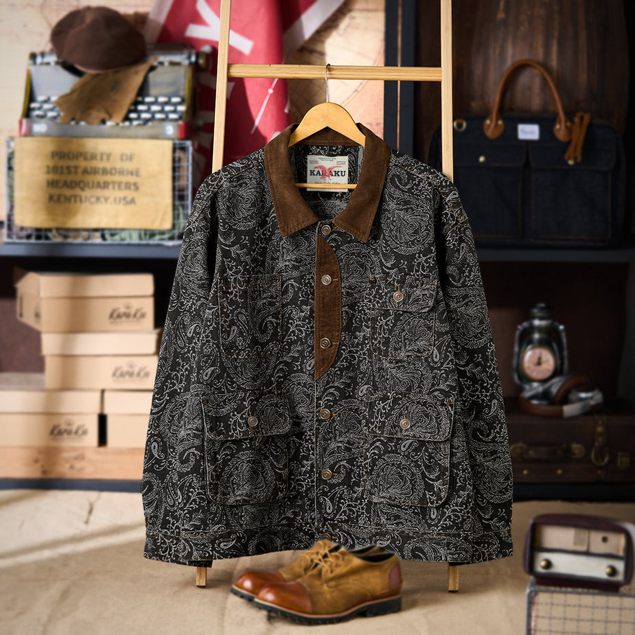 【사전예약】코듀로이 배색 페이즐리 올오버 자카드 직조 데님 자켓 – Karaku KR