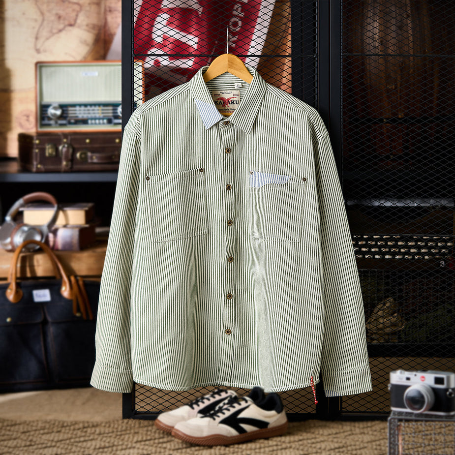 빨간 매듭 끈 칼라·소매·포켓 배색 전환 선염 스트라이프 워크 셔츠 – Karaku KR