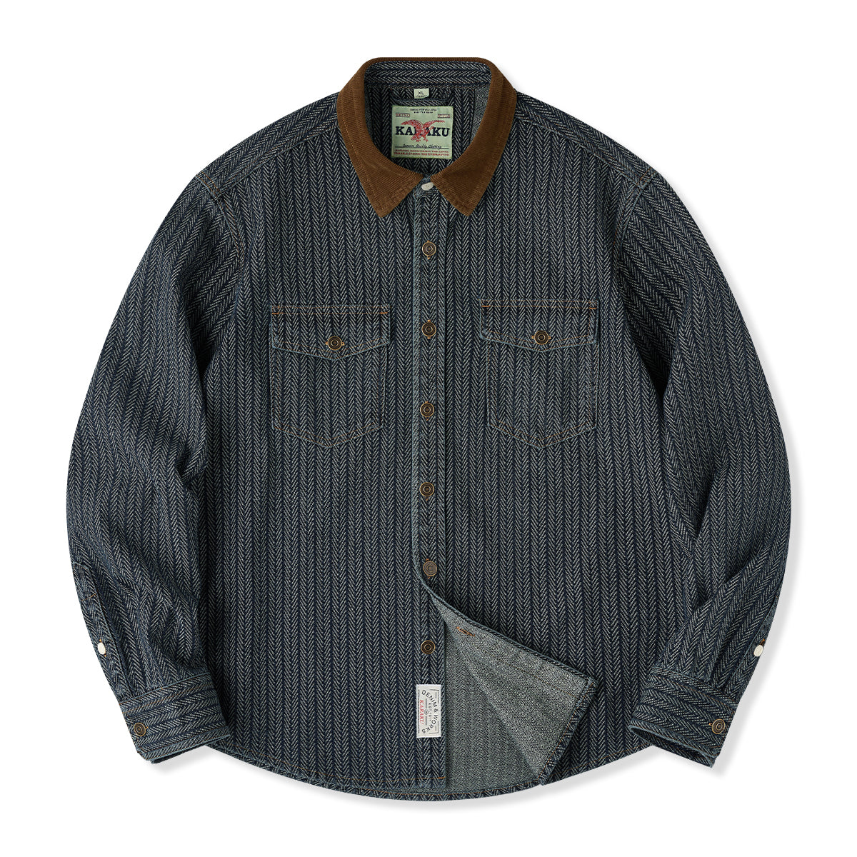 【사전예약】코듀로이 칼라 배색 헤링본 자카드 직조 데님 워크 셔츠 – Karaku KR