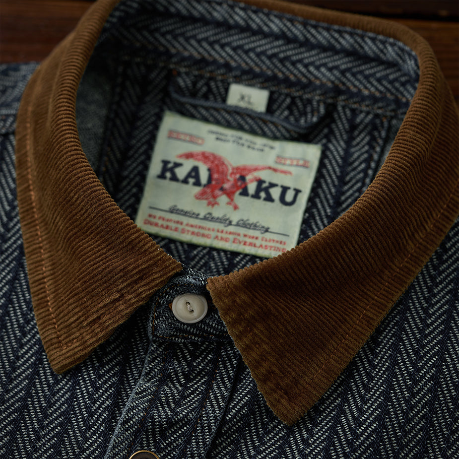 【사전예약】코듀로이 칼라 배색 헤링본 자카드 직조 데님 워크 셔츠 – Karaku KR