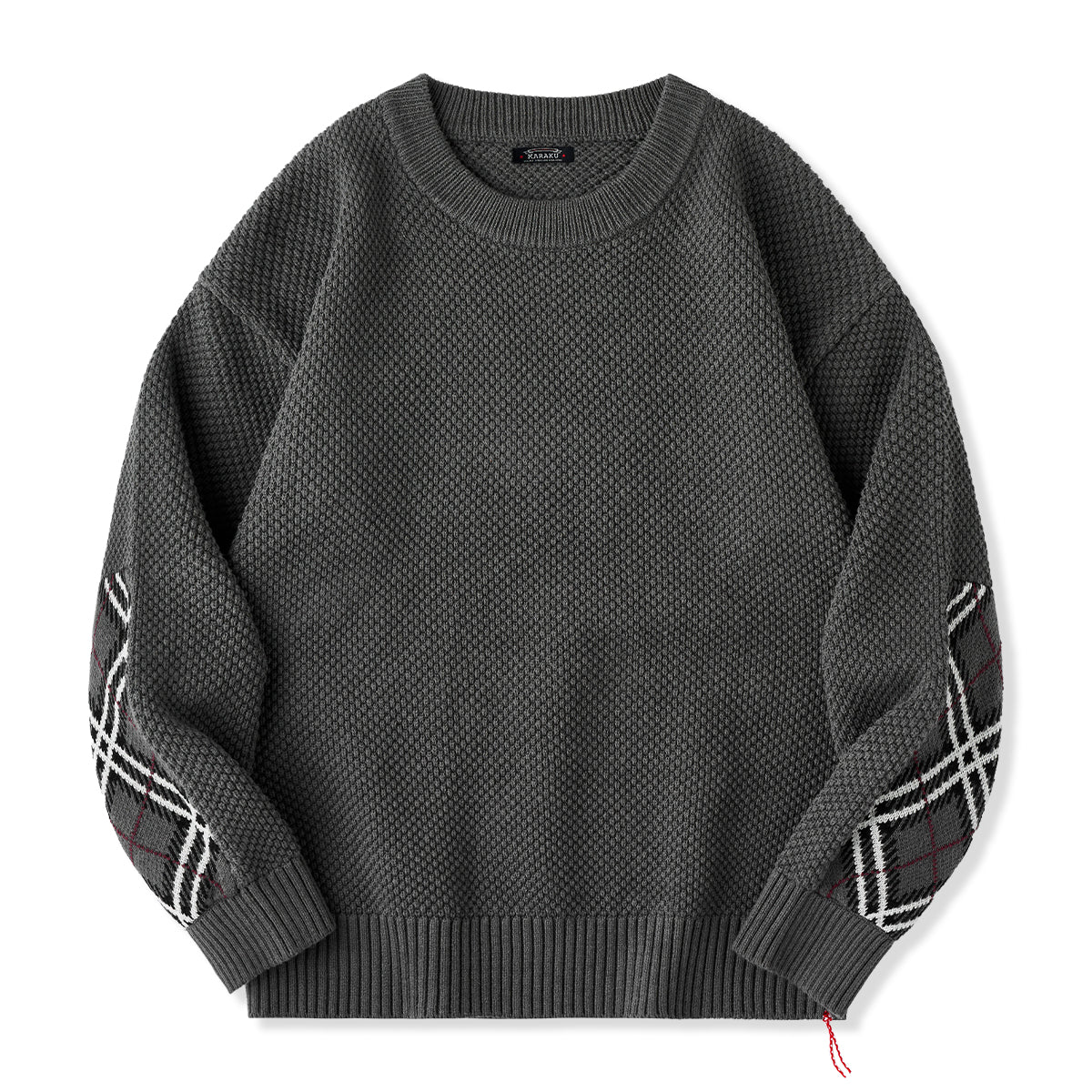【予約】肘・チェック柄ジャカード織り切替 パイナップル織りニットセーター – Karaku KR