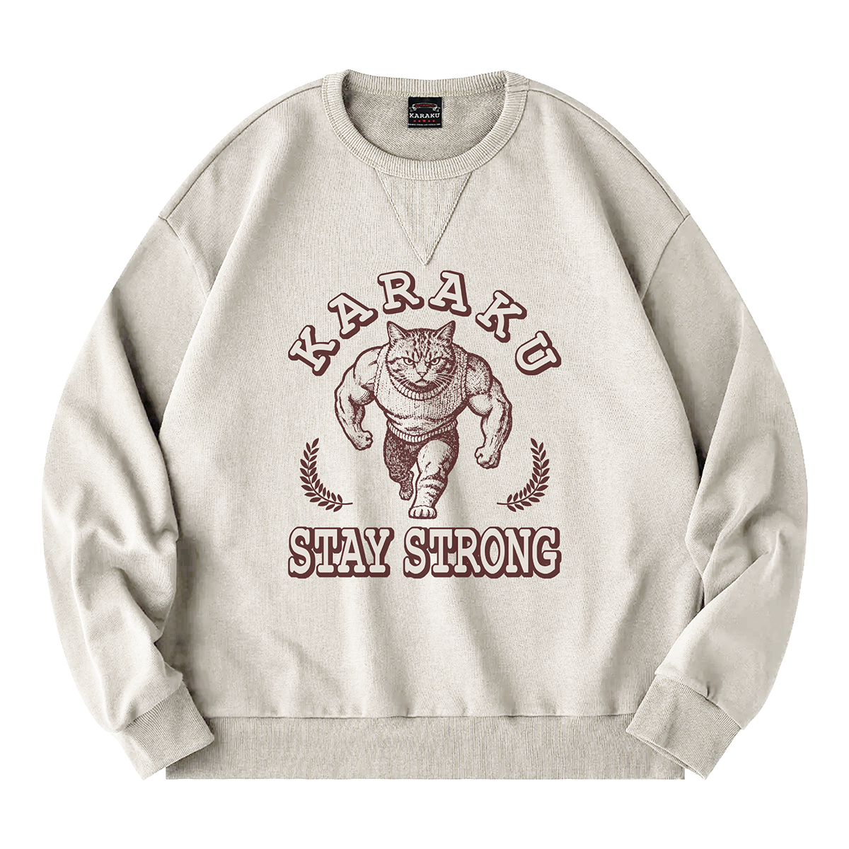 【사전예약】「STAY STRONG 근육 고양이」프린트 코튼 V거셋 스웨트 – Karaku KR